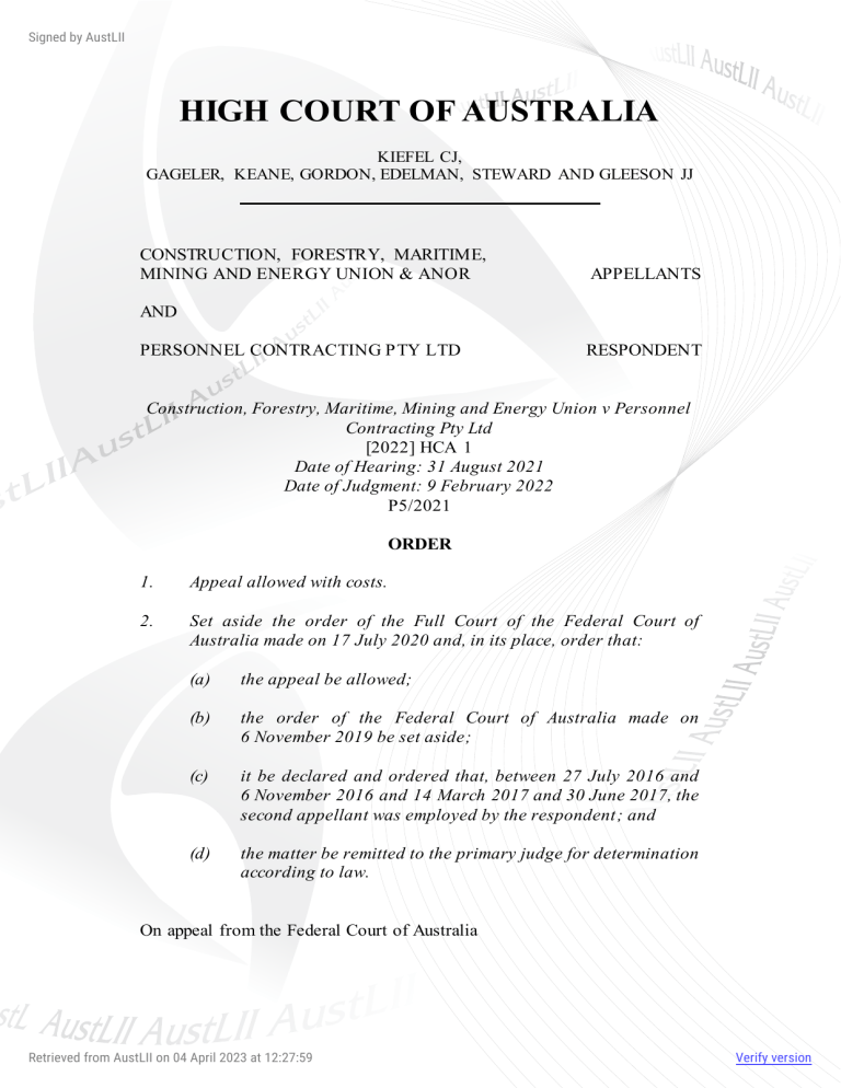 High Court of Australia Judgment: Employment Law Case