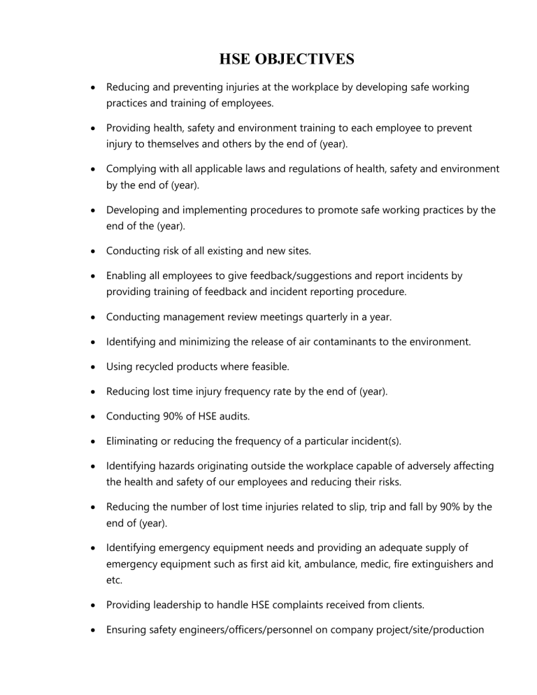 HSE Objectives: Workplace Safety & Environment