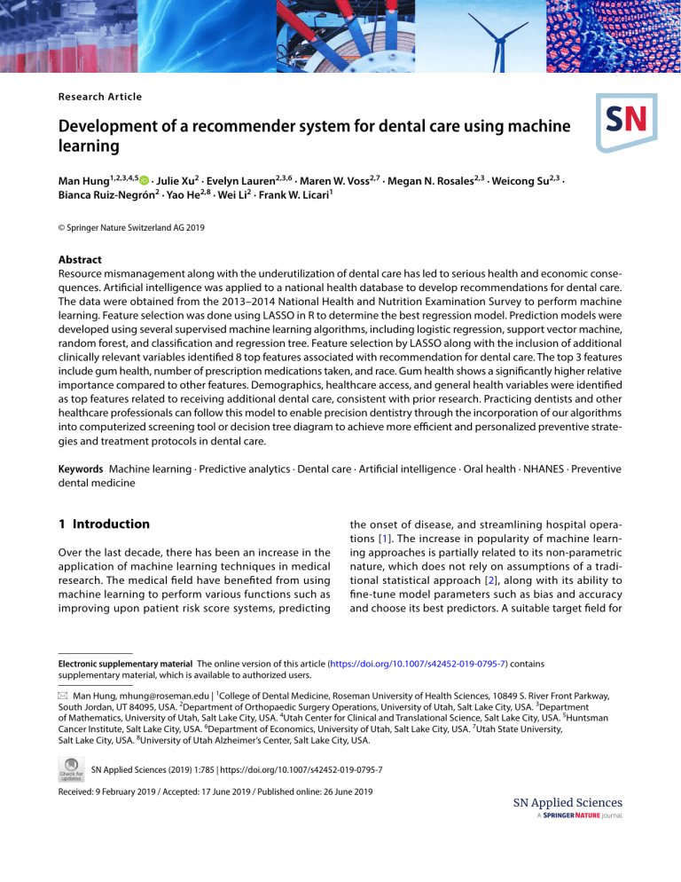 Dental Care Recommender System Using Machine Learning