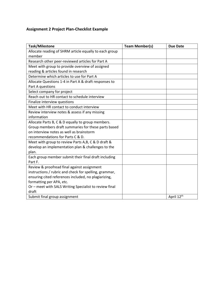 Project Plan Checklist Example