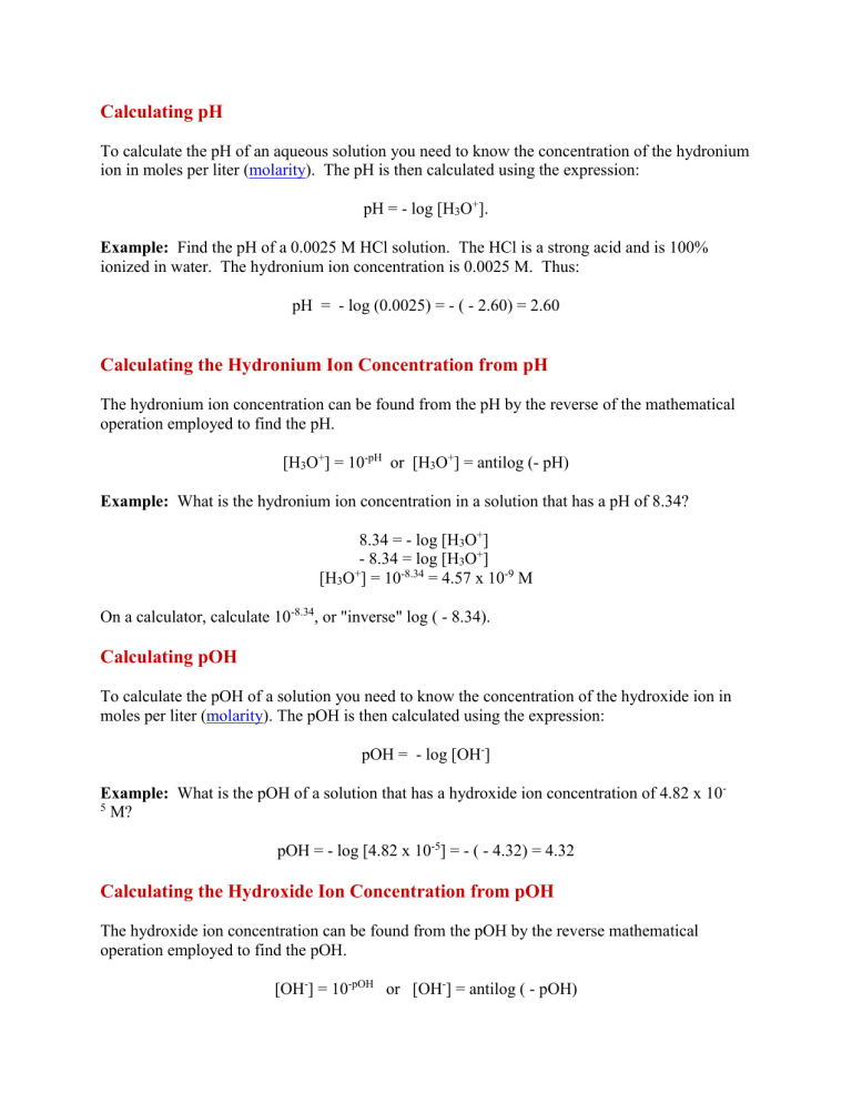 Calculating pH and pOH: A Chemistry Worksheet