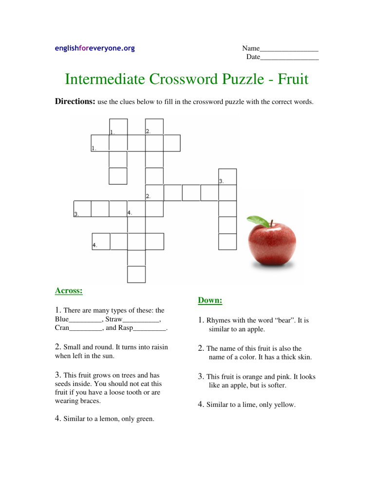 Fruit Crossword Puzzle: Intermediate Vocabulary Practice