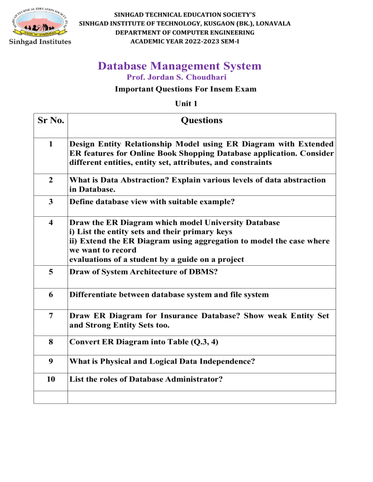 Database Management System Exam Questions
