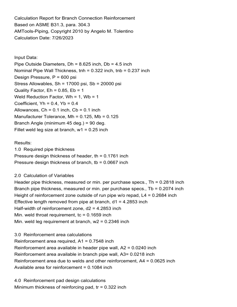 Branch Connection Reinforcement Calculation Report