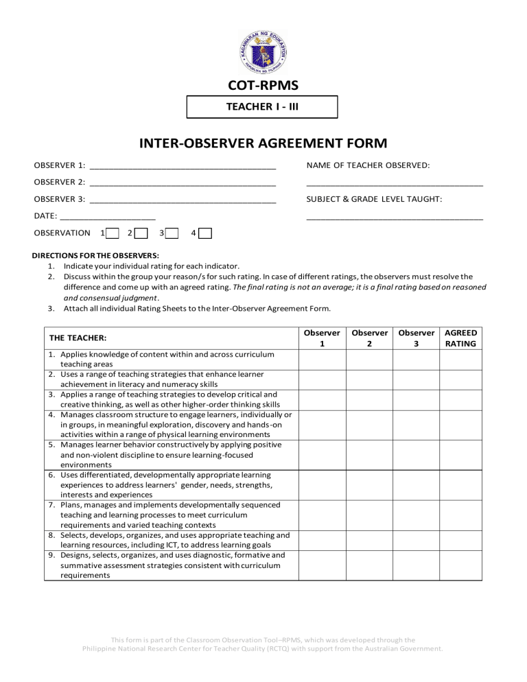 Teacher Observation Agreement Form (COT-RPMS)