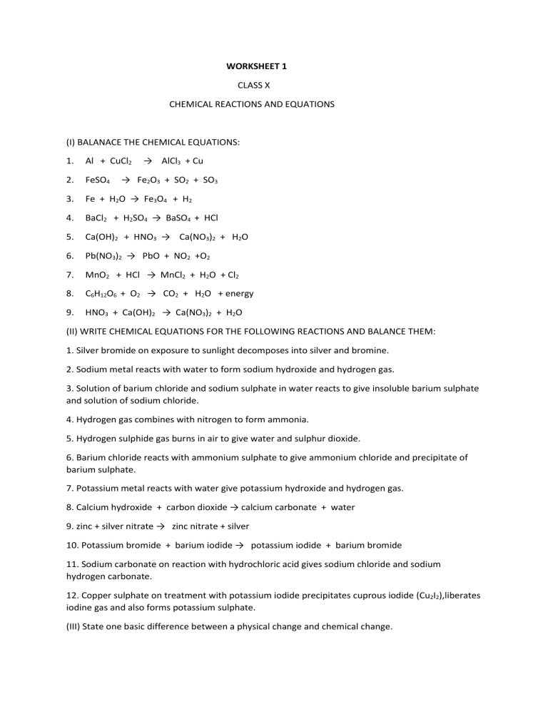 Chemical Reactions & Equations Worksheet for Class X