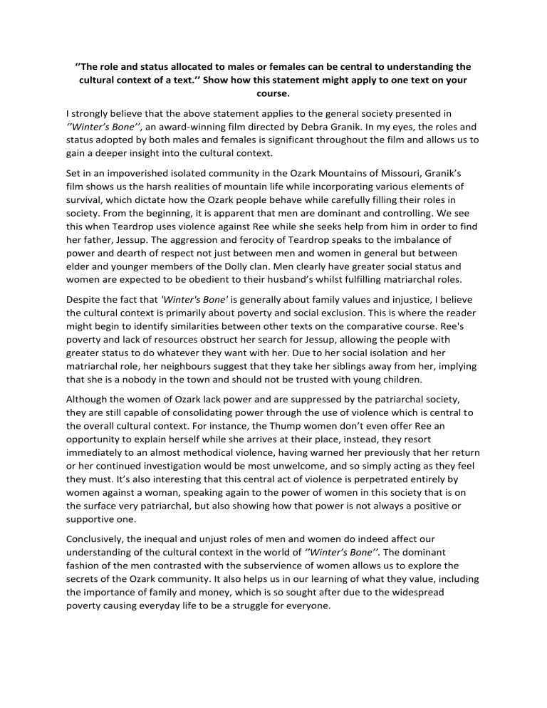 Winter's Bone: Gender Roles & Cultural Context Essay