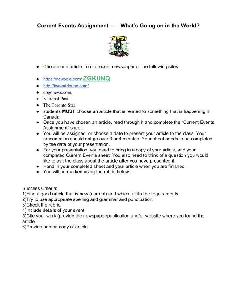 Current Events Assignment Sheet for Canadian News