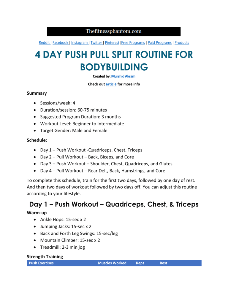 4-Day Push Pull Split Workout Routine for Bodybuilding