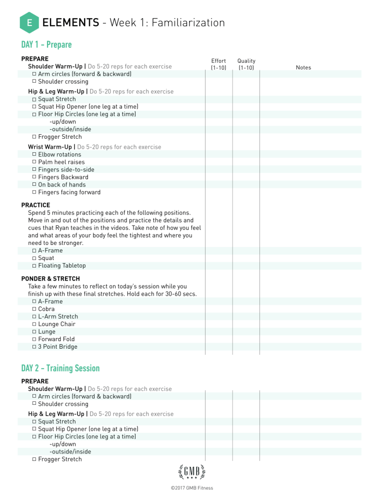 Week 1 Workout Plan: Familiarization