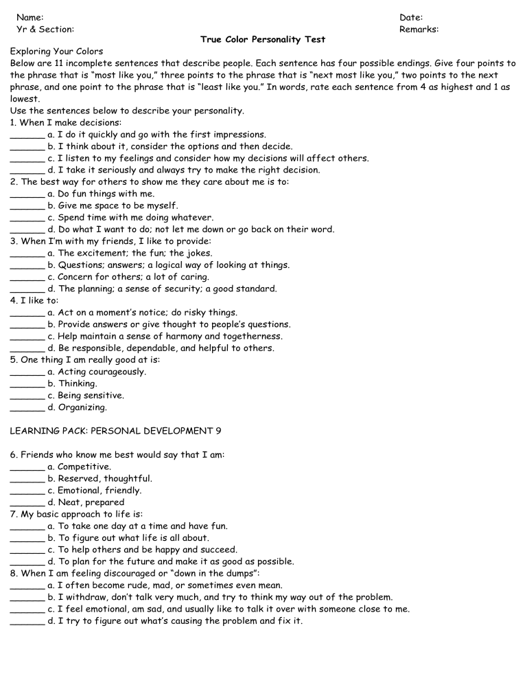 True Color Personality Test
