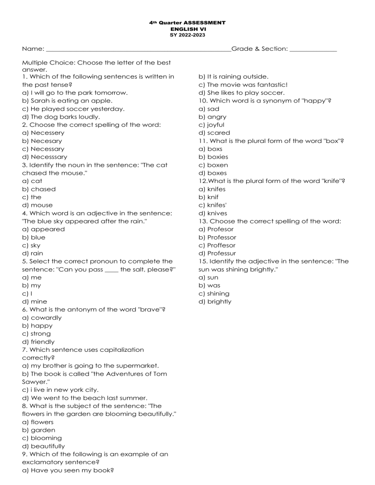 English VI Assessment: Grammar & Vocabulary Test