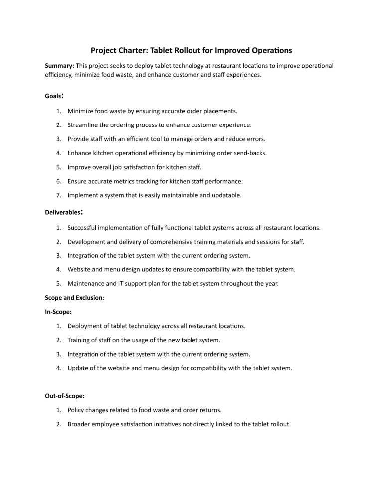 Tablet Rollout Project Charter for Restaurant Operations