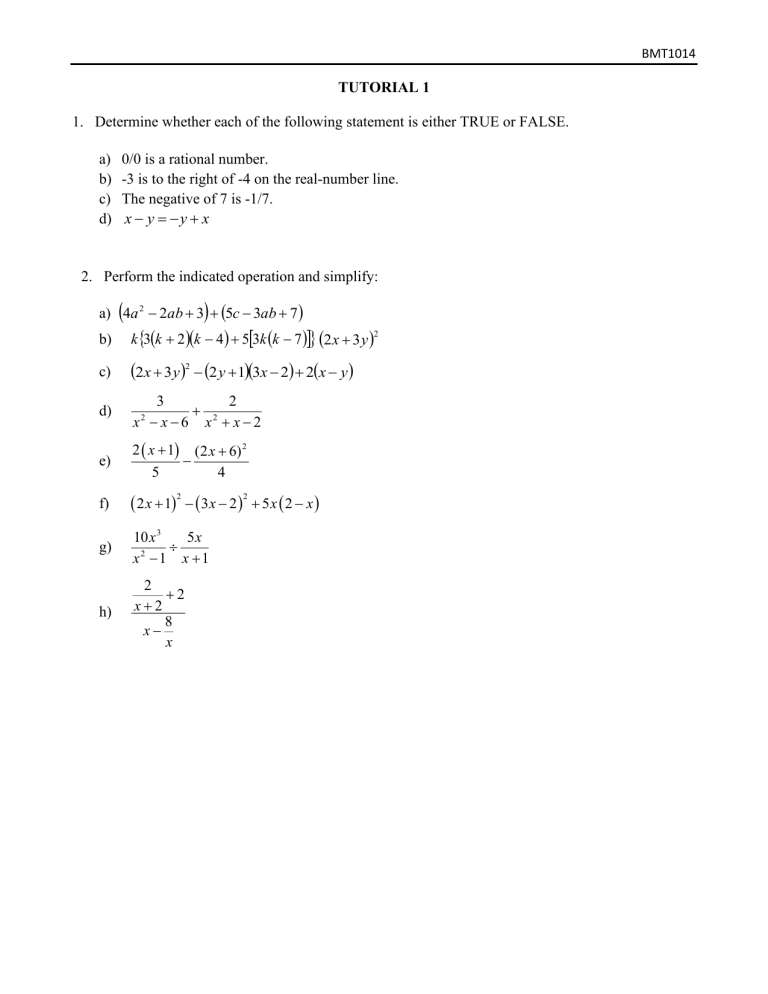 Math Tutorial: Algebra Problems & True/False Questions