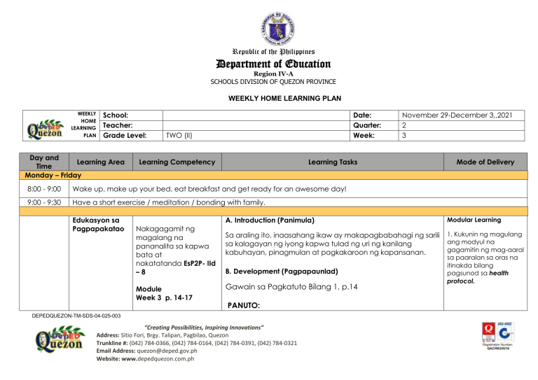 Weekly Home Learning Plan - Grade 2 Values Education