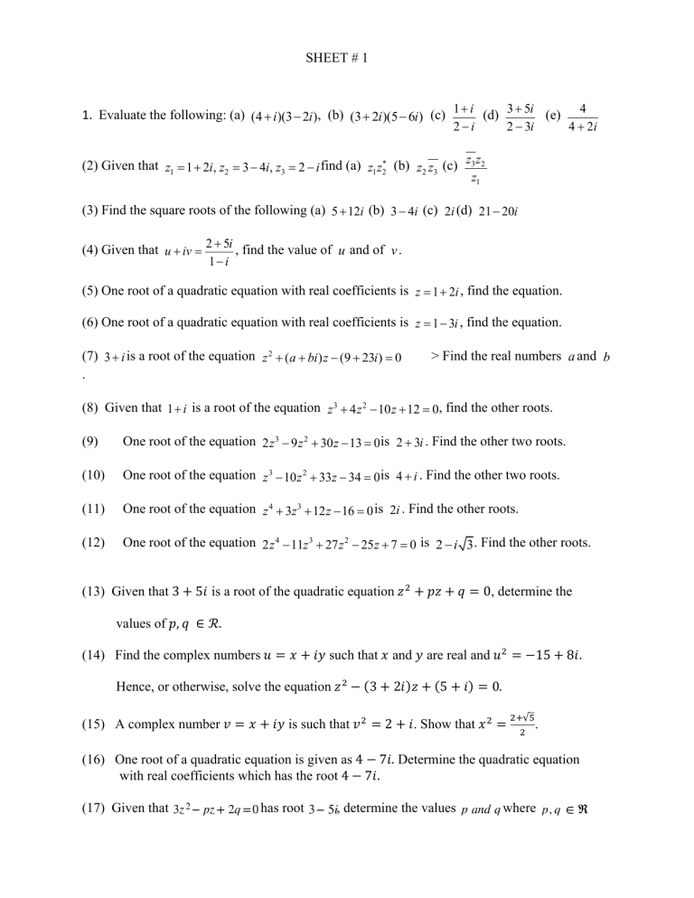 Complex Numbers Worksheet: Equations & Roots