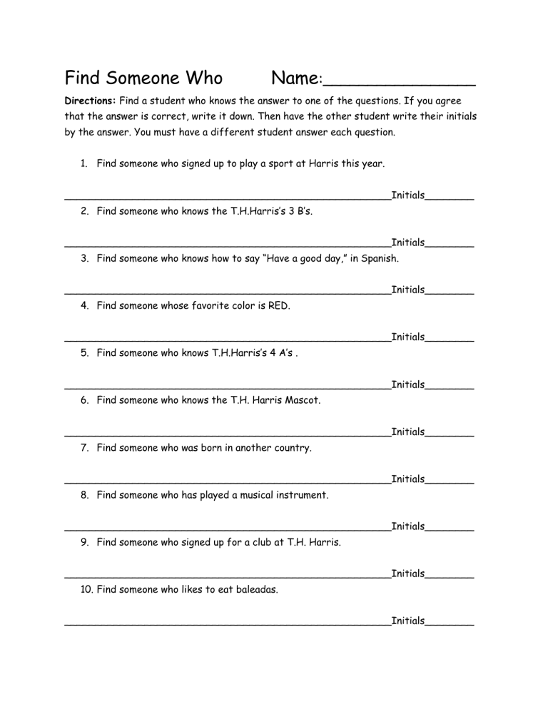 Find Someone Who Worksheet