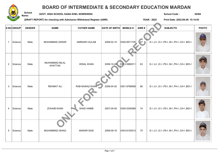 School Student Record - Govt. High School