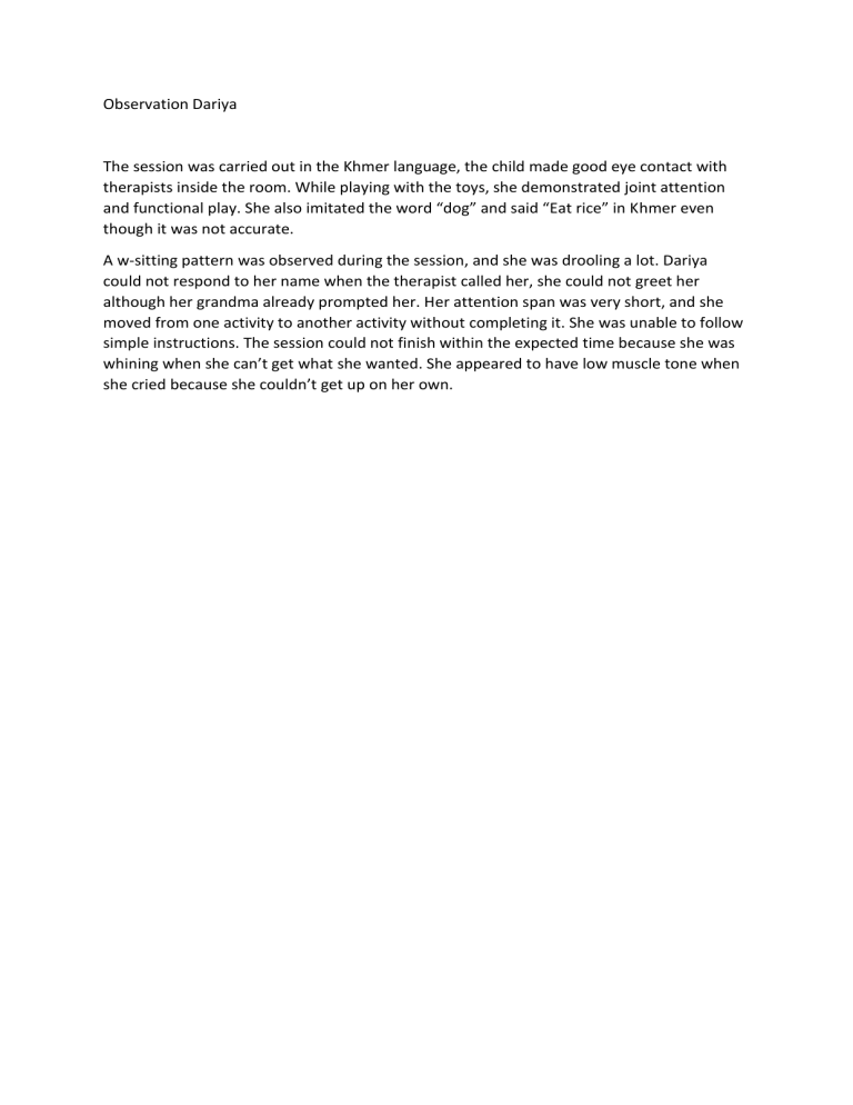 Child Therapy Observation Note: Dariya