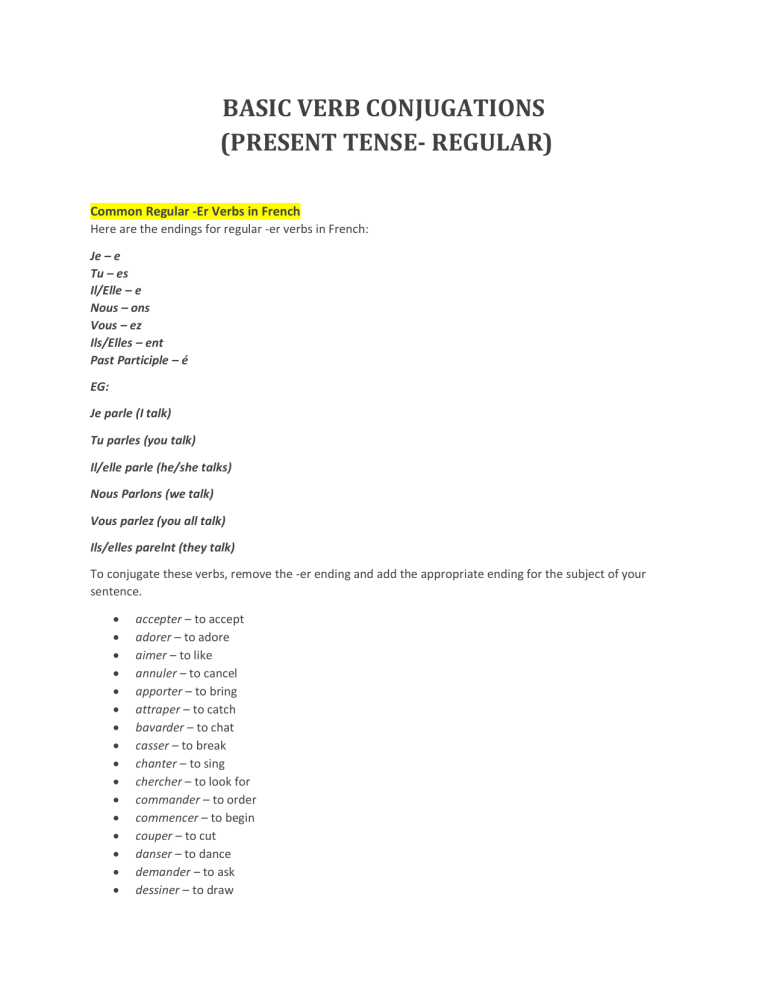French Verb Conjugation Cheat Sheet: Regular Verbs