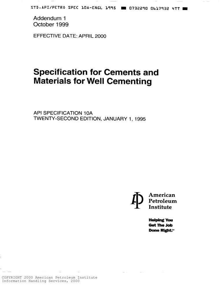 API Specification 10A: Well Cementing Materials Standard