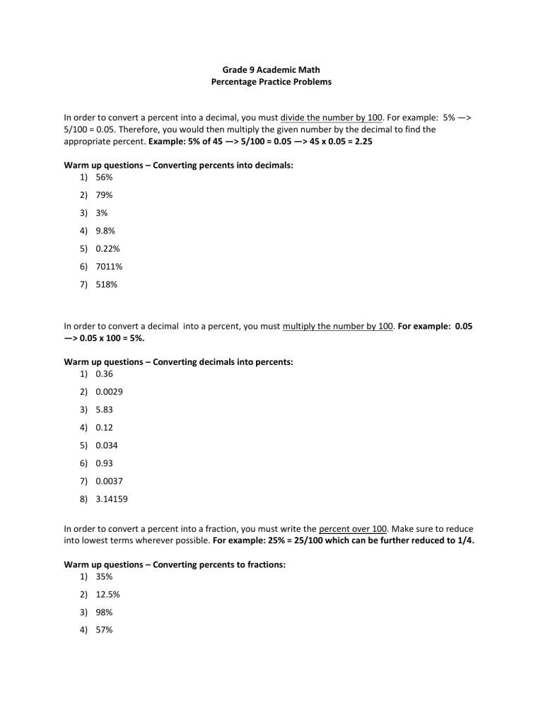 Grade 9 Math: Percentage Practice Problems Worksheet