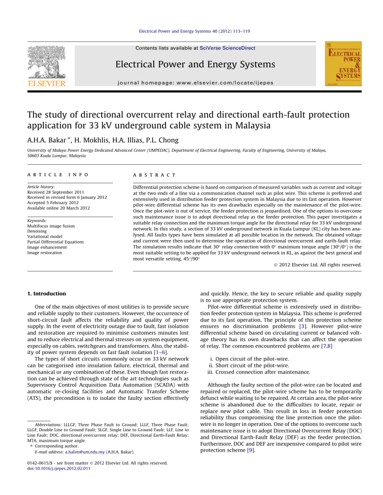 Directional Overcurrent Relay for 33kV Cable Systems