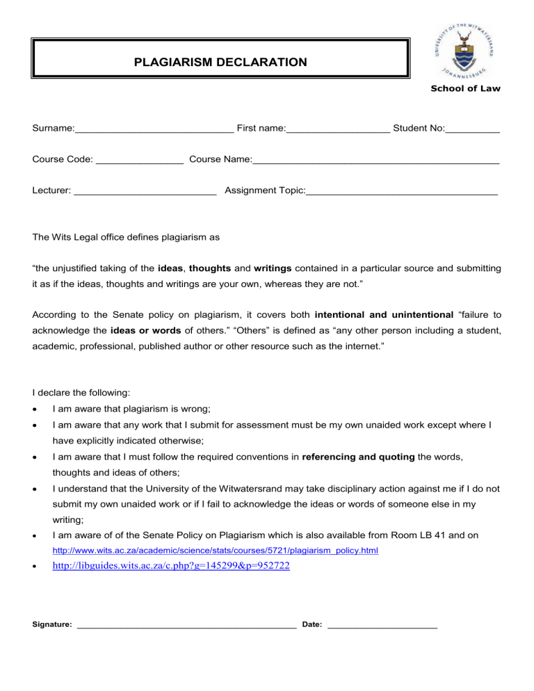 Plagiarism Declaration Form - School of Law