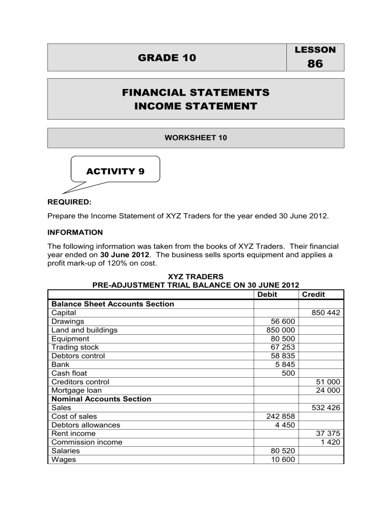 Income Statement Worksheet for XYZ Traders