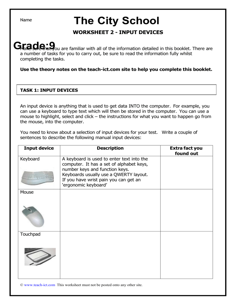 Input Devices Worksheet for Middle School Students