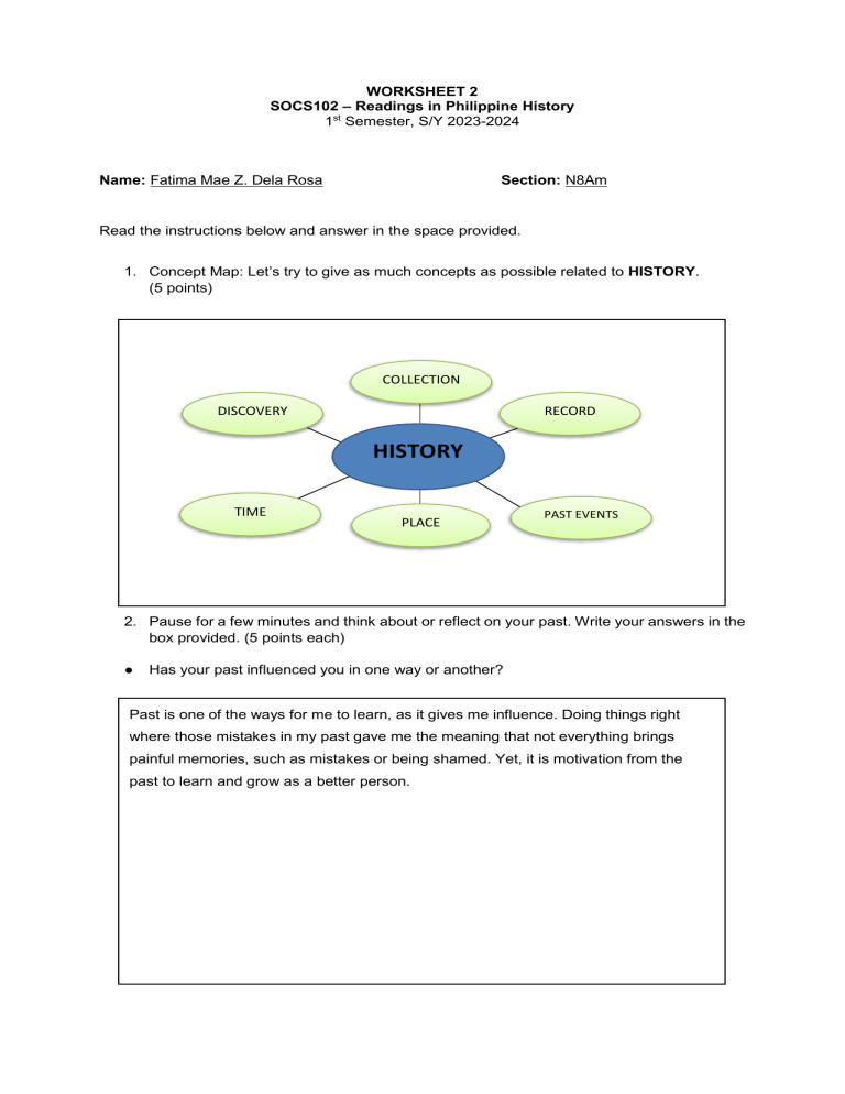 Philippine History Worksheet: Concepts & Reflection