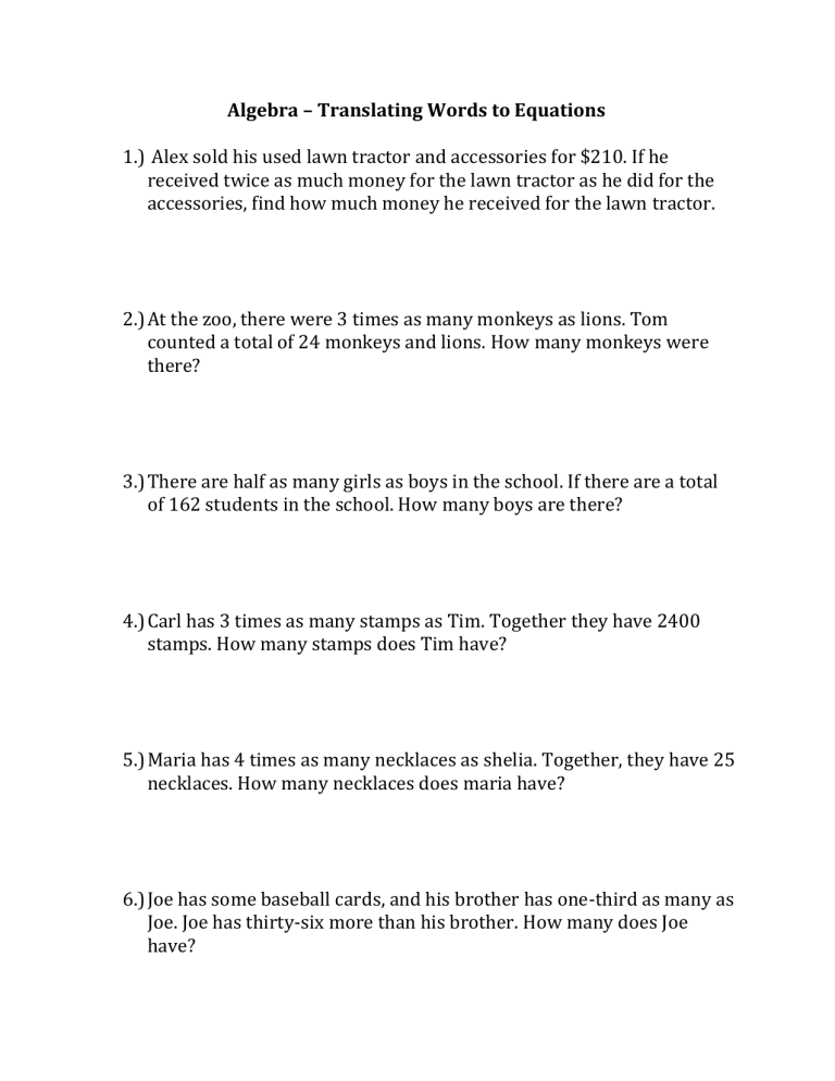 Algebra Word Problems: Translating to Equations Worksheet