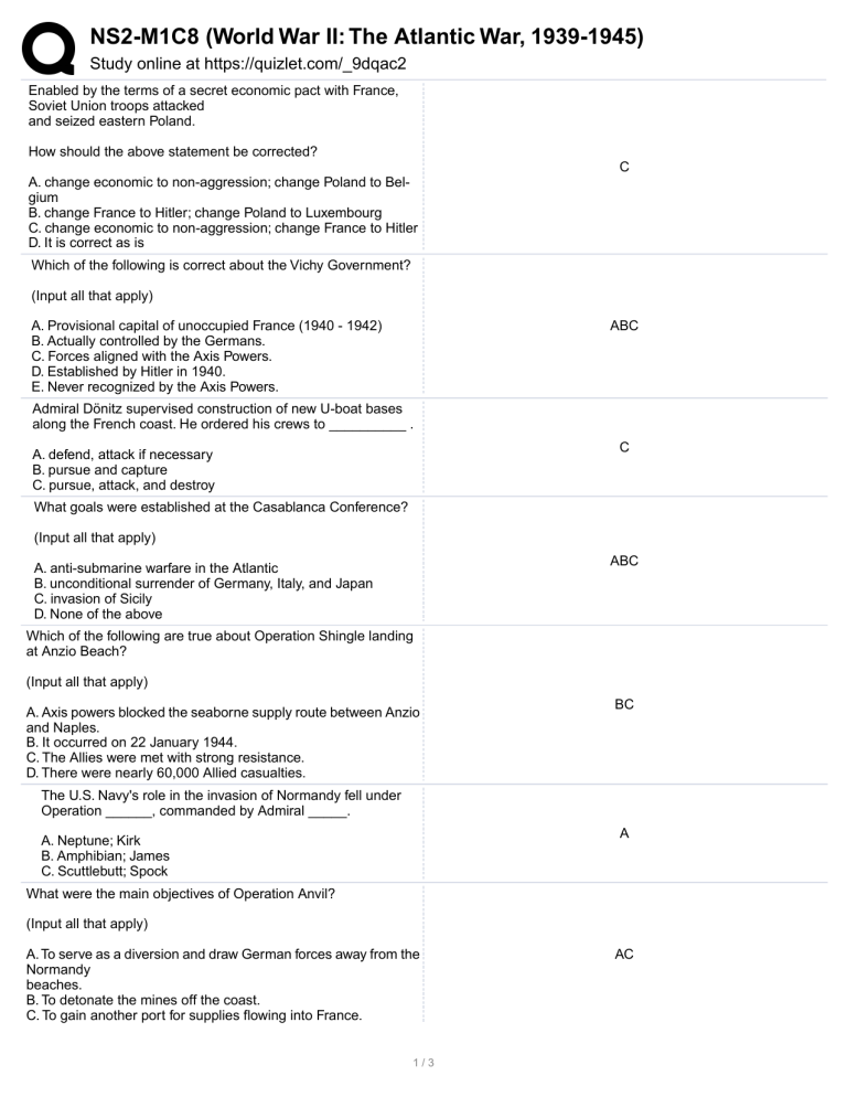 WWII Atlantic War Quiz: 1939-1945
