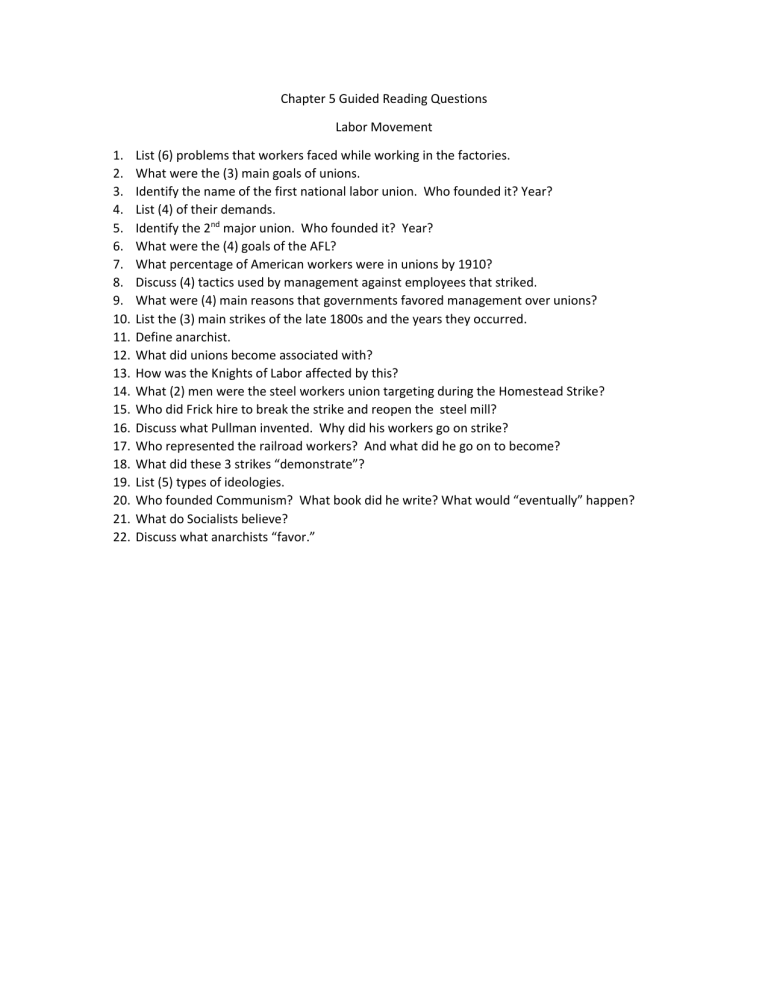 Labor Movement Guided Reading Questions