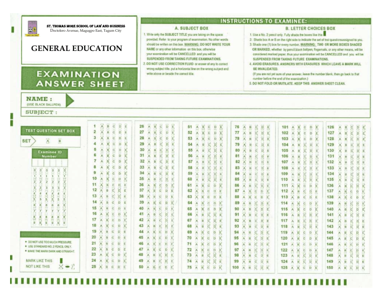 General Education Exam Answer Sheet