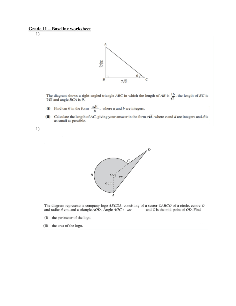 Grade 11 Math Worksheet: Trigonometry, Geometry, Algebra