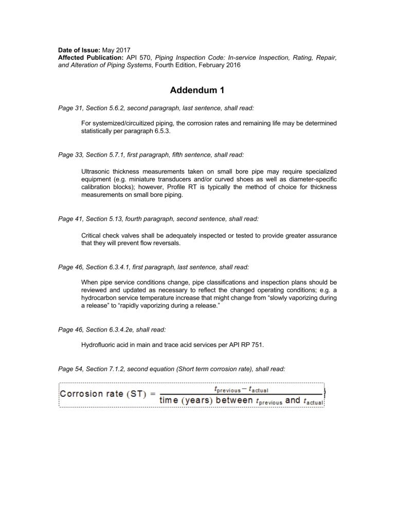 API 570 Piping Inspection Code Addendum