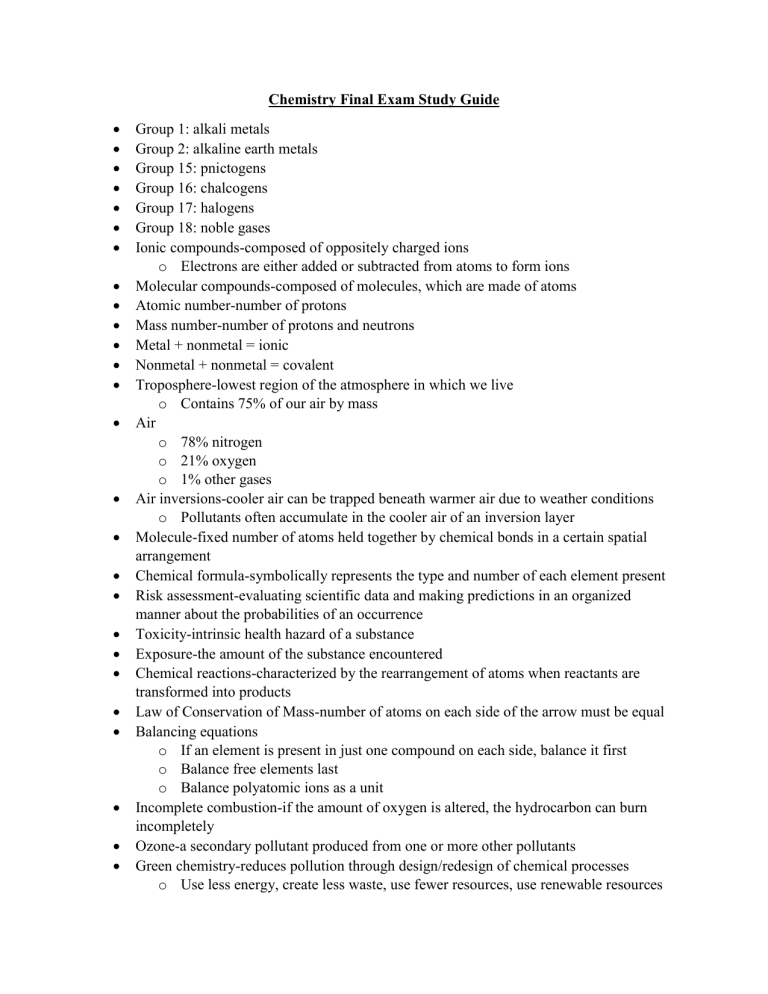 Chemistry Final Exam Study Guide