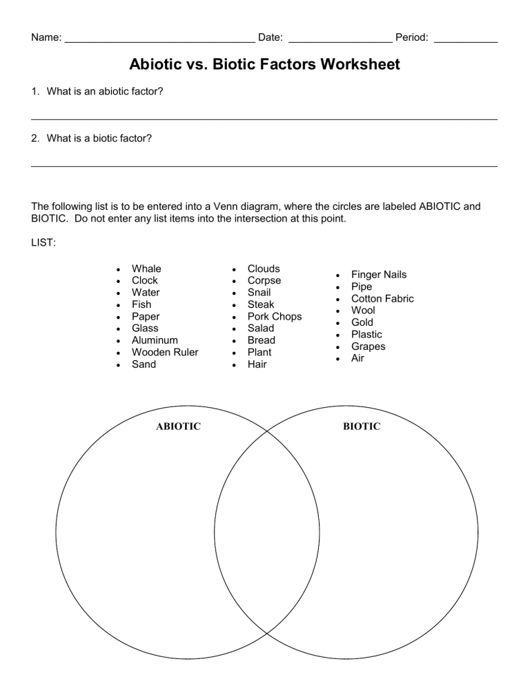 Abiotic vs. Biotic Factors Worksheet