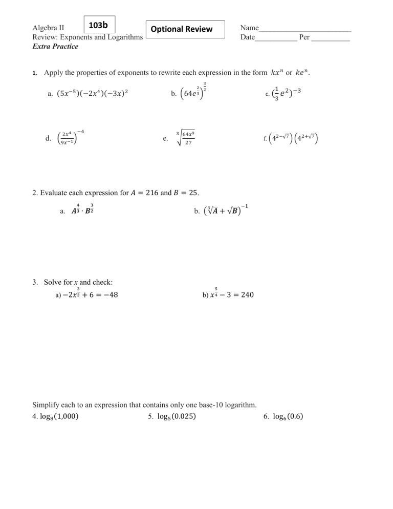 Algebra II: Exponents & Logarithms Practice Worksheet