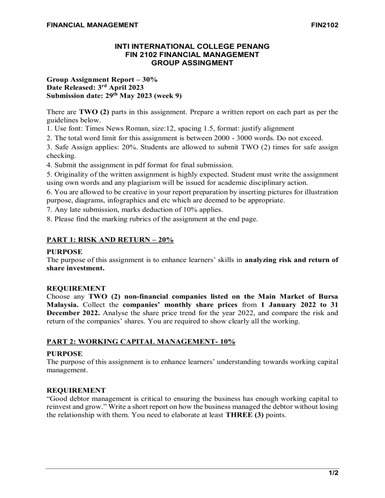 Financial Management Assignment: Risk, Return, Working Capital