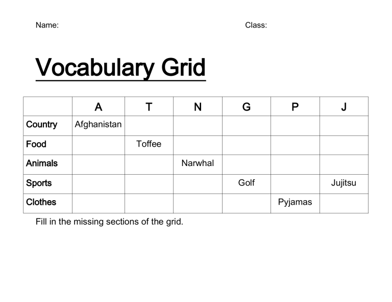 Vocabulary Grid Worksheet