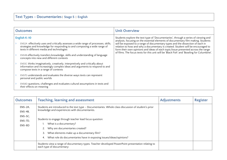 Documentary Film Lesson Plan for Stage 5 English