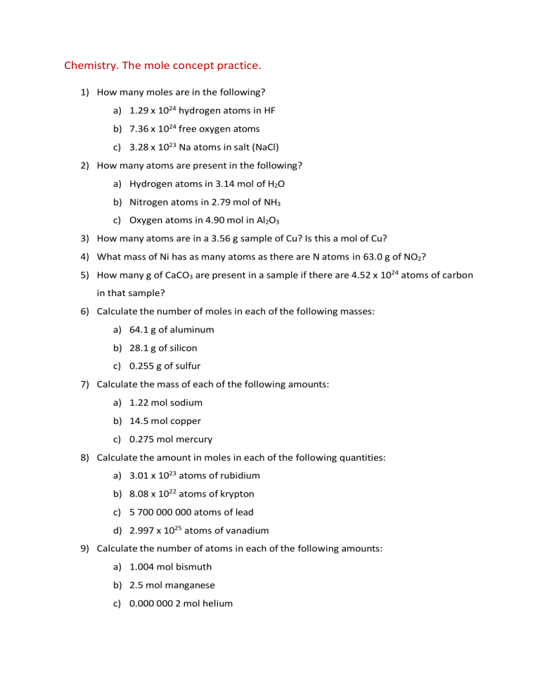 Mole Concept Practice Worksheet