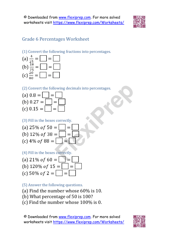 Percentages Worksheet: Grade 6 Math Practice