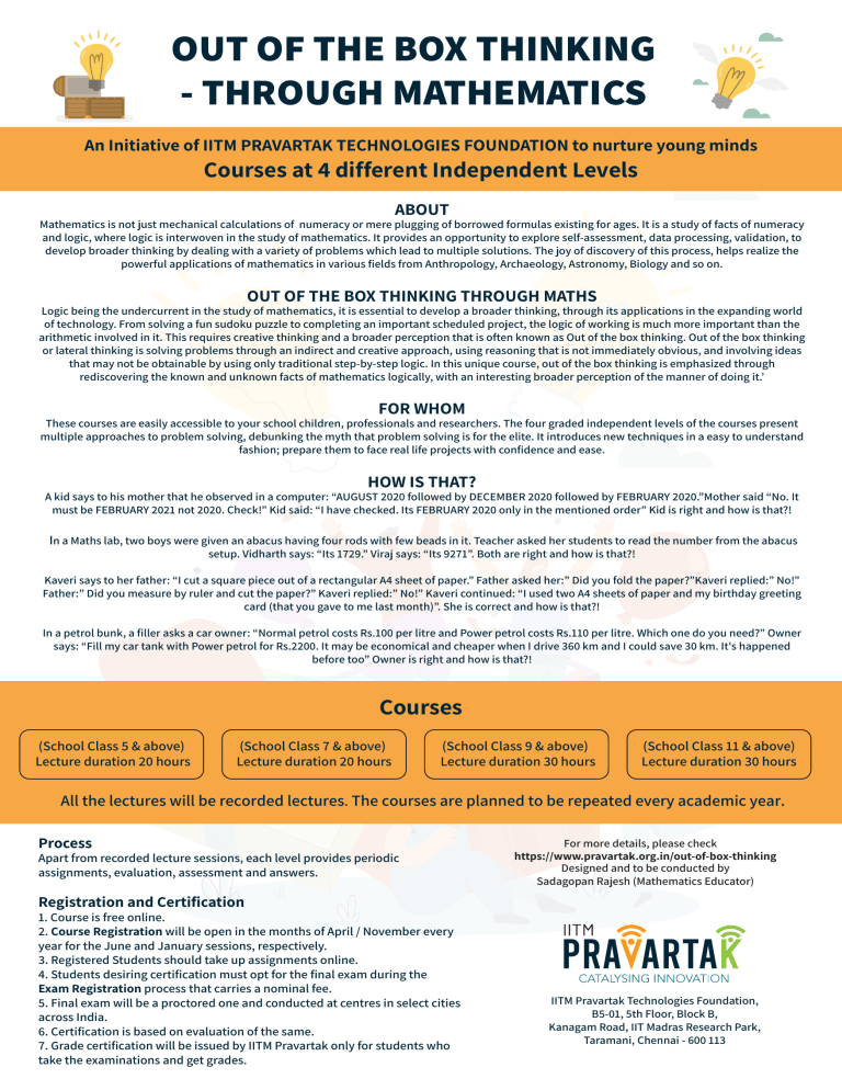 Out of the Box Thinking Through Mathematics Course