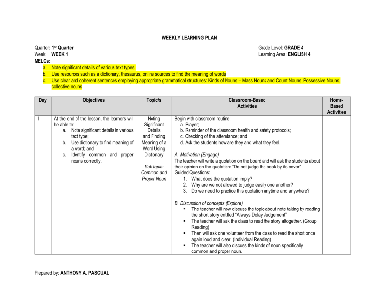 Grade 4 English Weekly Learning Plan: Nouns & Dictionary Skills
