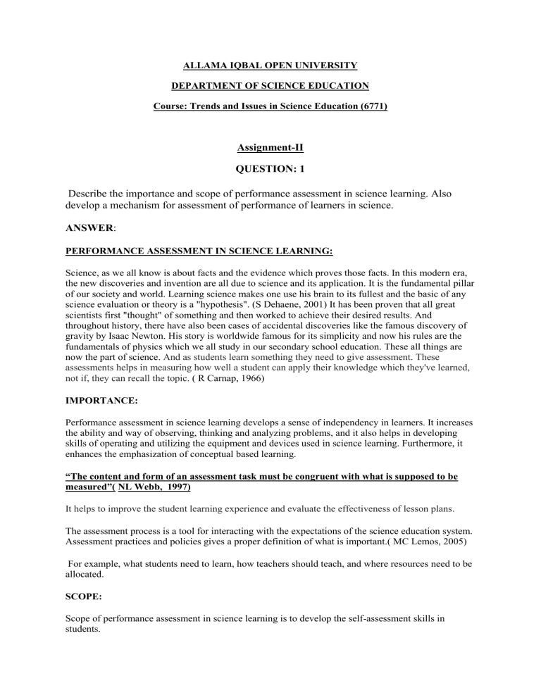 Science Education Performance Assessment
