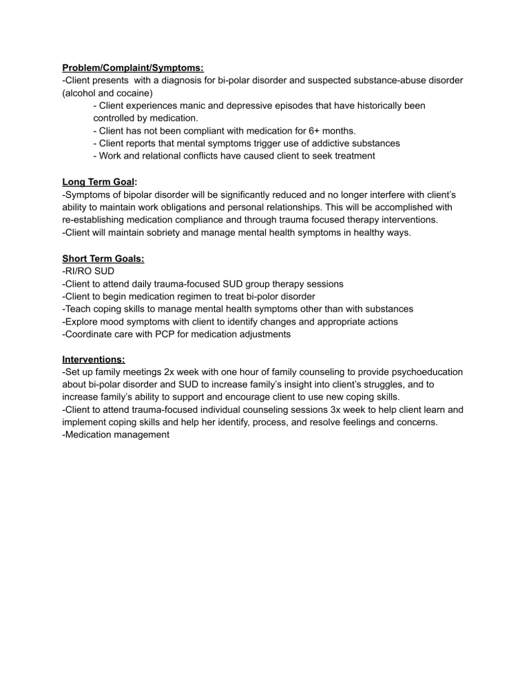 Bipolar & SUD Treatment Plan: Goals & Interventions