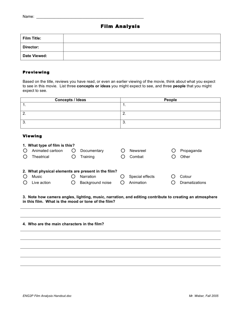 Film Analysis Worksheet: High School ENG2P